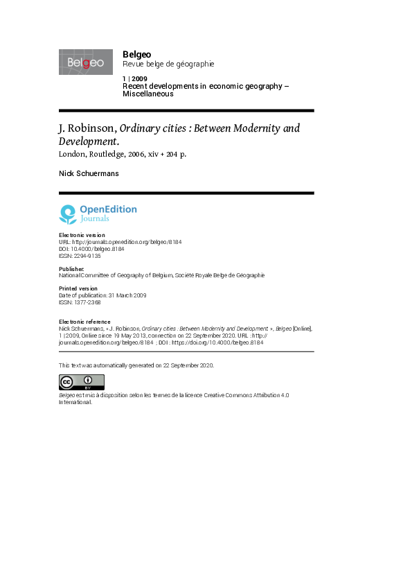 (PDF) Ordinary cities: between modernity and development