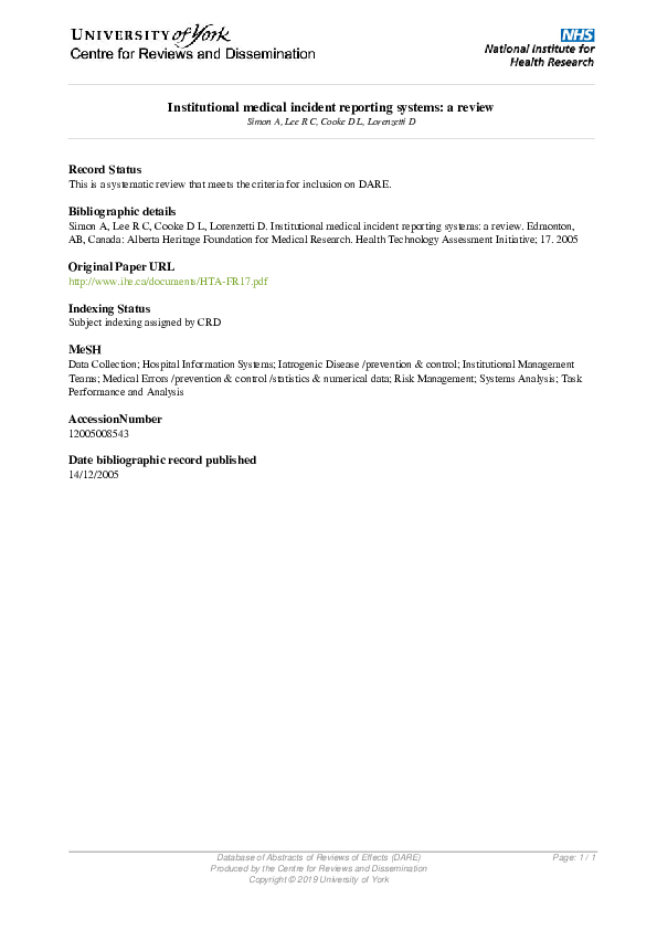 (PDF) Institutional Medical Incident Reporting Systems - A Review