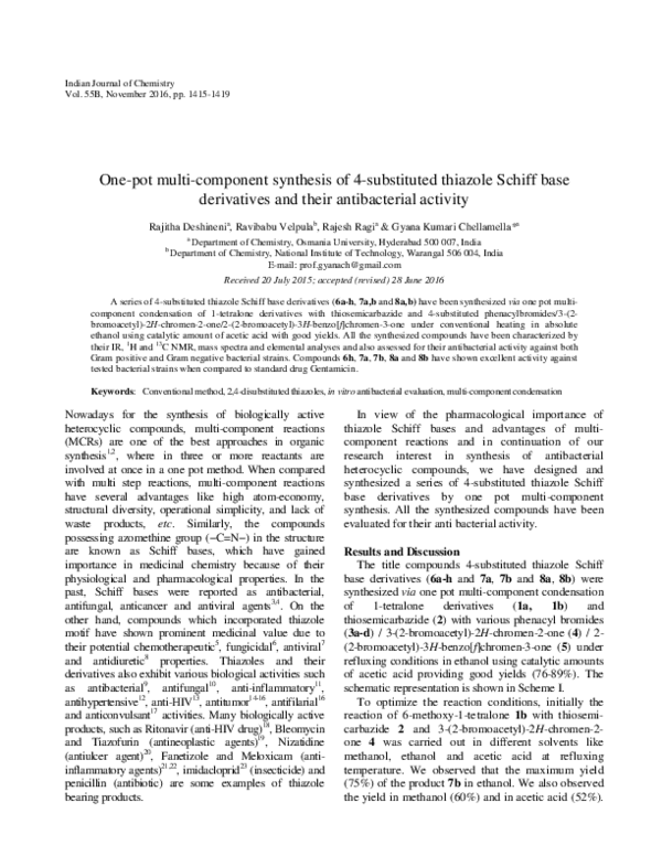 (PDF) One-pot multi-component synthesis of 4-substituted thiazole Schiff base derivatives and ...