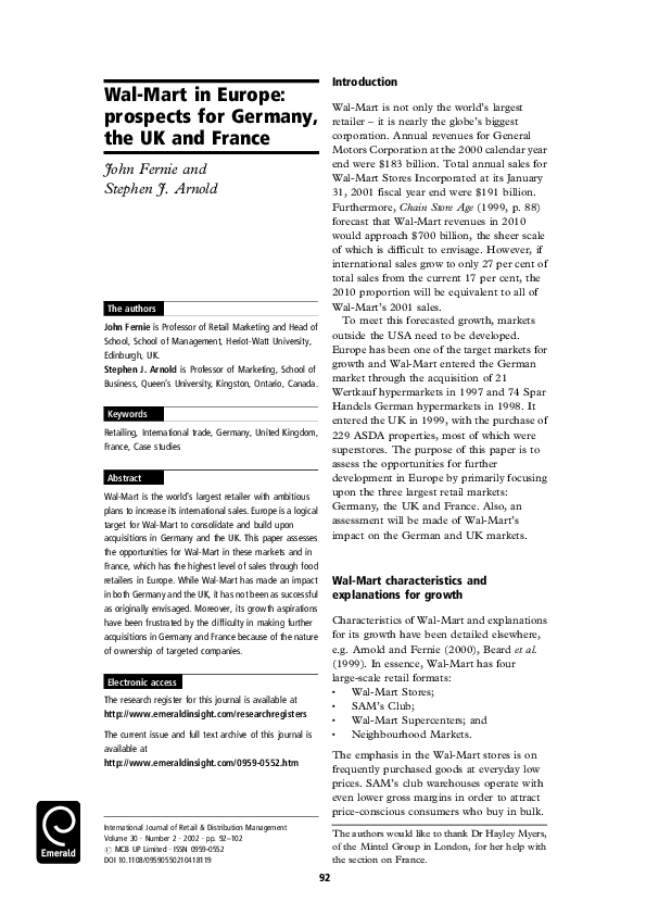 (PDF) Wal‐Mart in Europe: prospects for Germany, the UK and France