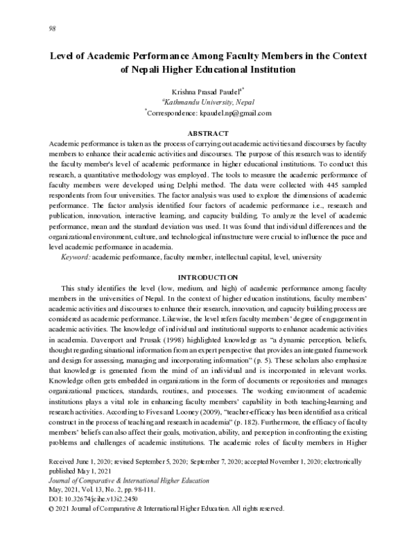 (PDF) Level of Academic Performance Among Faculty Members in the Context of Nepali Higher ...