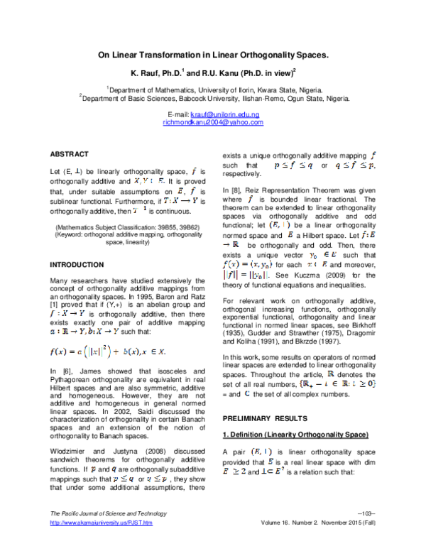 (PDF) On Linear Transformation in Linear Orthogonality Spaces