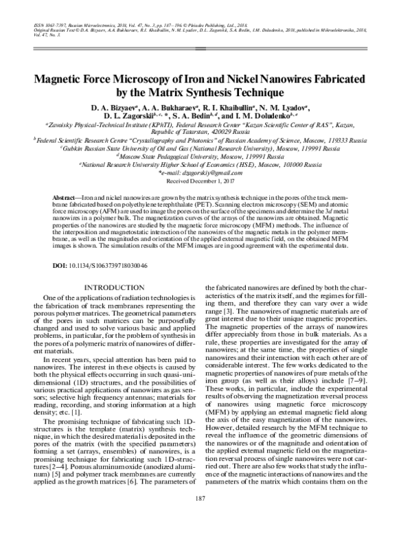 (PDF) Magnetic Force Microscopy of Iron and Nickel Nanowires Fabricated by the Matrix Synthesis ...