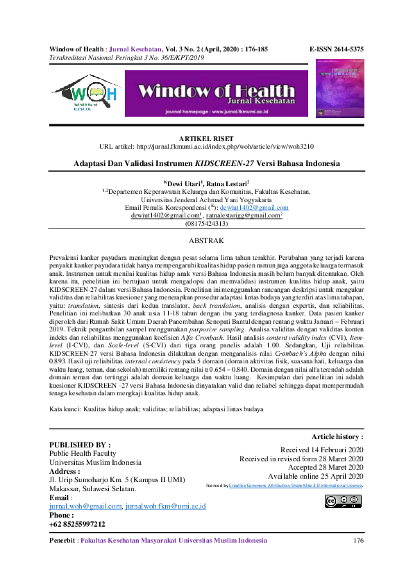 (PDF) Adaptasi Dan Validasi Instrumen KIDSCREEN-27 Versi Bahasa Indonesia