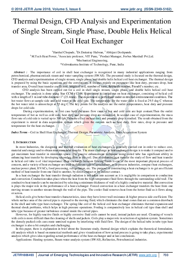 Thermal Design, CFD Analysis and Experimentation of Single Stream, Single Phase, Double Helix ...