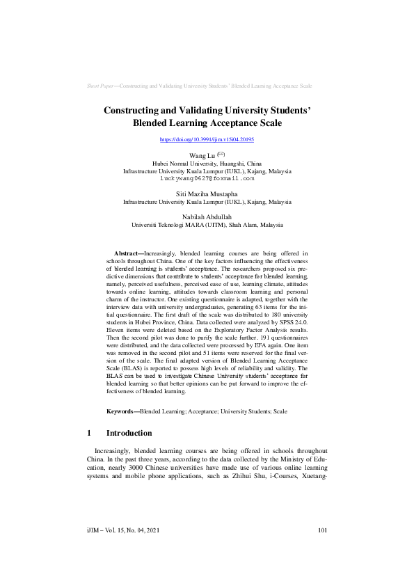 (PDF) Constructing and Validating University Students' Blended Learning Acceptance Scale