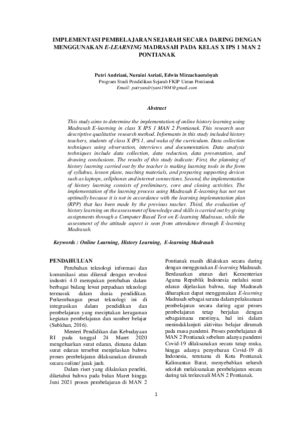 (PDF) Implementasi Pembelajaran Sejarah Secara Daring Dengan Menggunakan E-Learning Madrasah ...