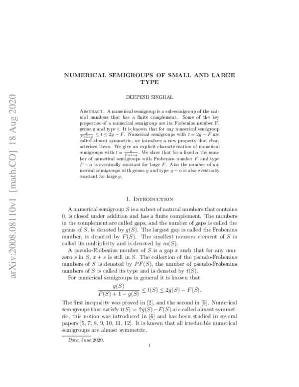 Pdf Numerical Semigroups Of Small And Large Type Deepesh Singhal