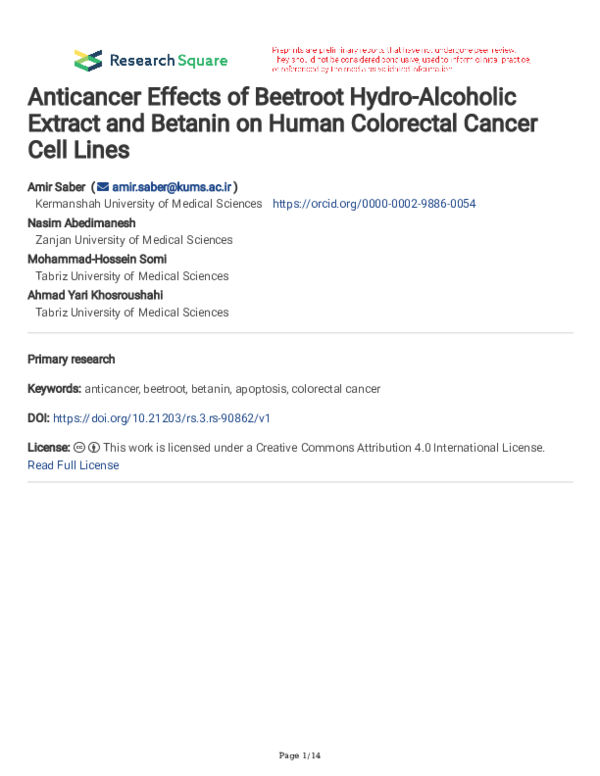 (PDF) Anticancer Effects of Beetroot Hydro-Alcoholic Extract and ...