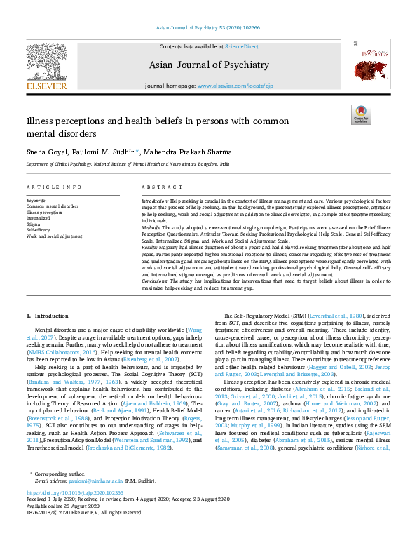 (PDF) Illness perceptions and health beliefs in persons with common ...
