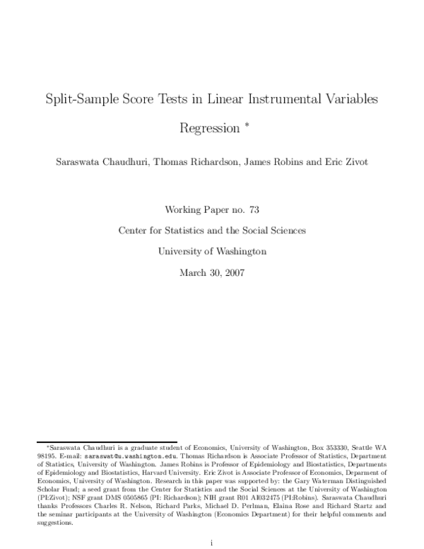 (PDF) Split-Sample Score Tests in Linear Instrumental Variables Regression