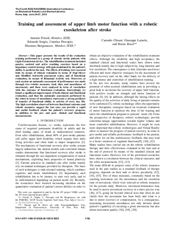 (PDF) Training and assessment of upper limb motor function with a robotic exoskeleton after stroke