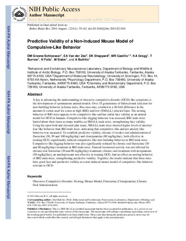 (PDF) Predictive validity of a non-induced mouse model of compulsive-like behavior