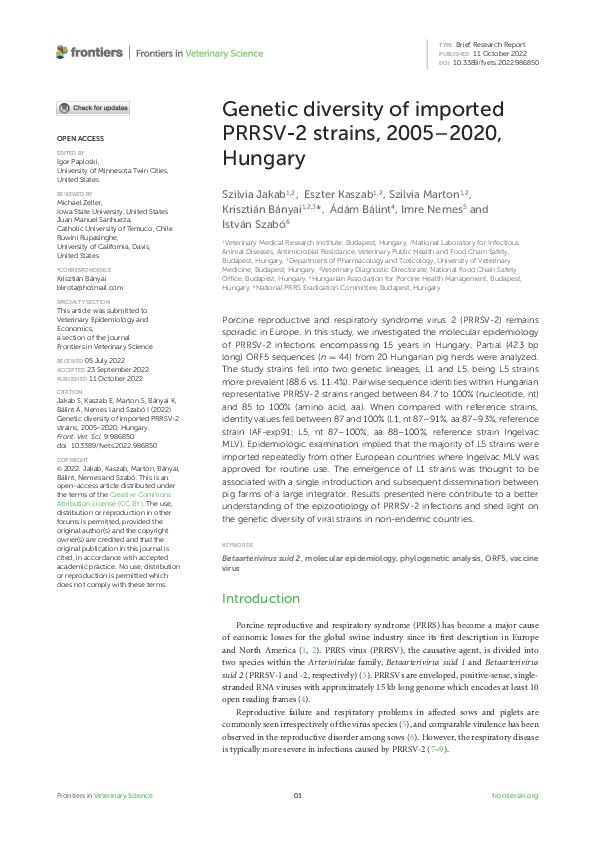 (PDF) Genetic diversity of imported PRRSV-2 strains, 2005–2020, Hungary