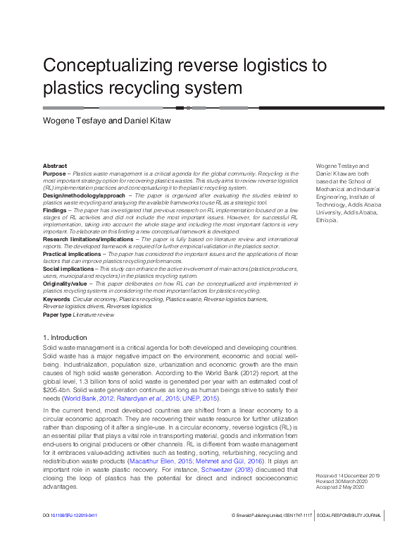 (PDF) Conceptualizing reverse logistics to plastics recycling system