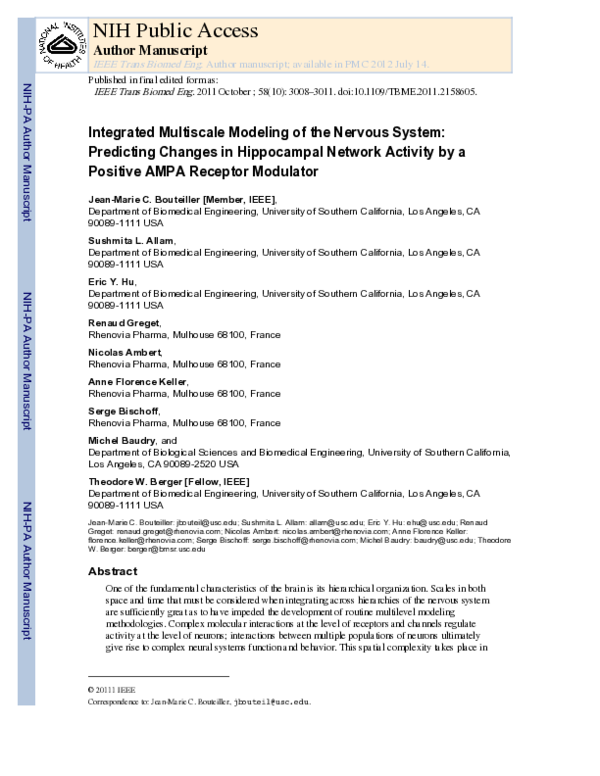 (PDF) Integrated Multiscale Modeling of the Nervous System: Predicting Changes in Hippocampal ...
