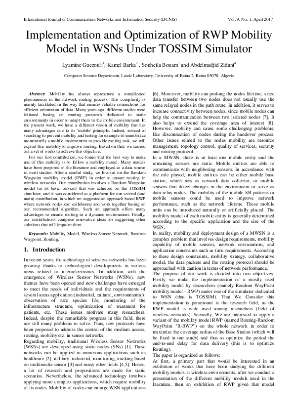 (PDF) Implementation and Optimization of RWP Mobility Model in WSNS Under Tossim Simulator