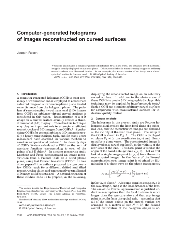 (PDF) Computer-generated holograms of images reconstructed on curved surfaces | Joseph Rosen ...