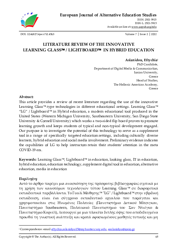 (PDF) Literature Review of the Innovative Learning Glass / Lightboard ...