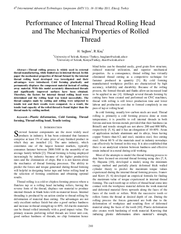 (PDF) Performance of Internal Thread Rolling Head and The Mechanical ...