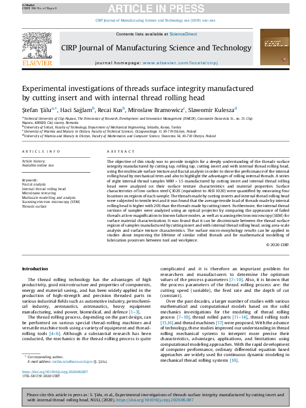 (PDF) Experimental investigations of threads surface integrity manufactured by cutting insert ...