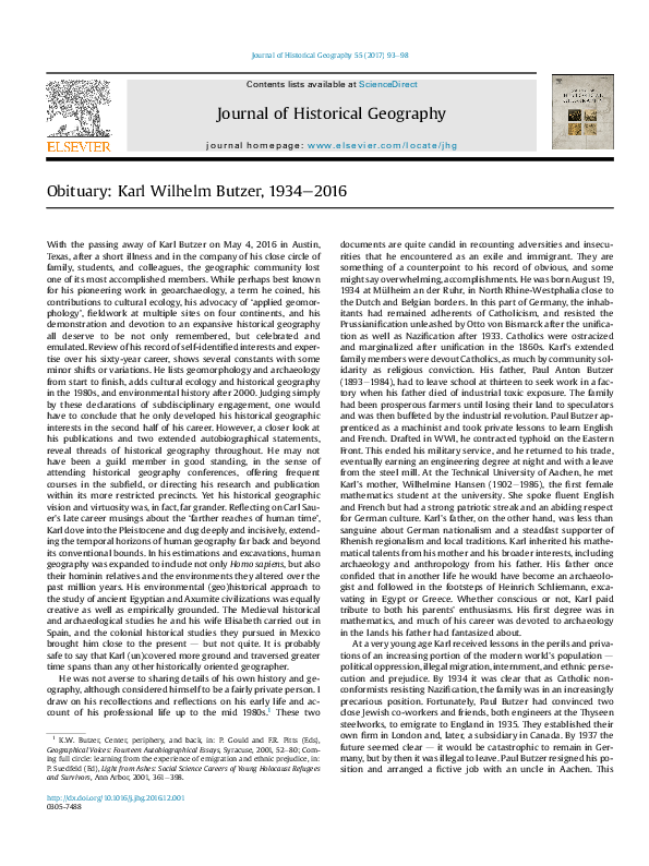 (PDF) Obituary: Karl Wilhelm Butzer, 1934–2016