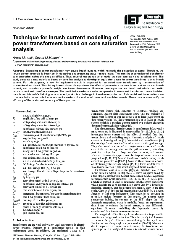 Pdf Technique For Inrush Current Modelling Of Power Transformers Based On Core Saturation Analysis