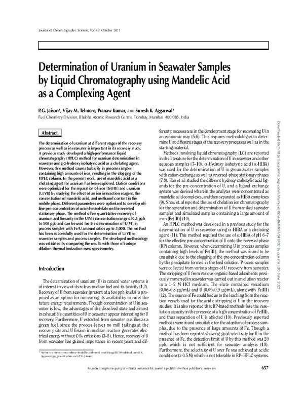 Pdf Determination Of Uranium In Seawater Samples By Liquid Chromatography Using Mandelic Acid