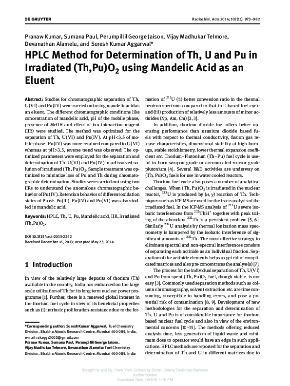 Pdf Hplc Method For Determination Of Th U And Pu In Irradiated Thpuo2 Using Mandelic Acid