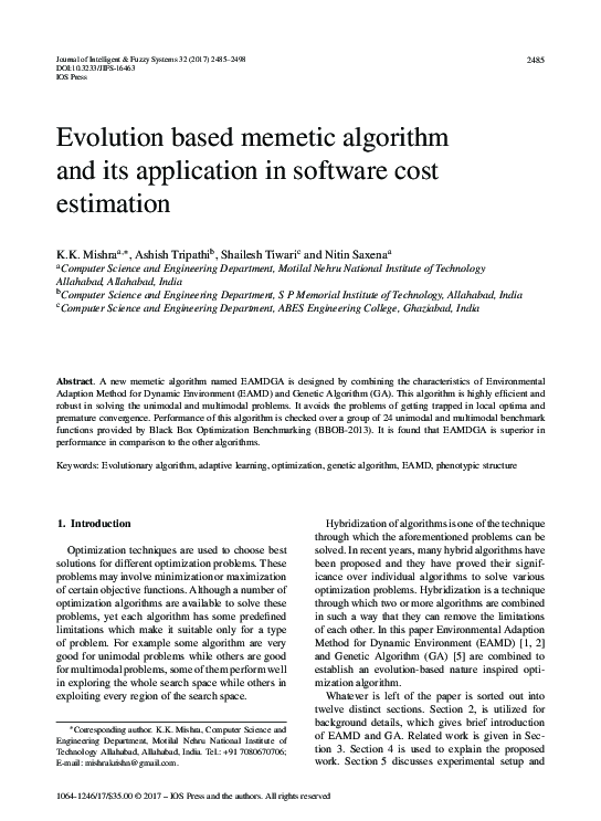 (PDF) Evolution based memetic algorithm and its application in software cost estimation