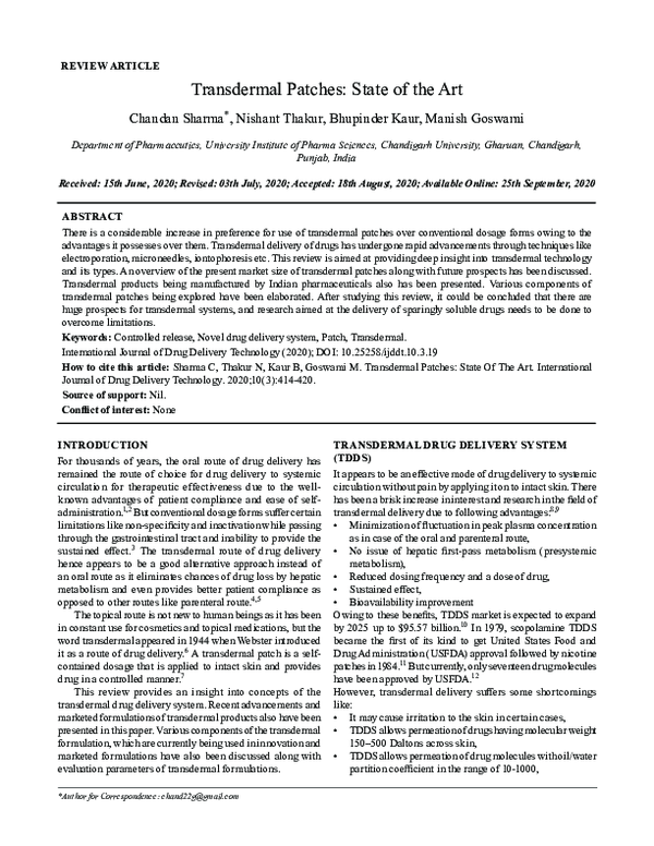 (PDF) Transdermal Patches: State of the Art