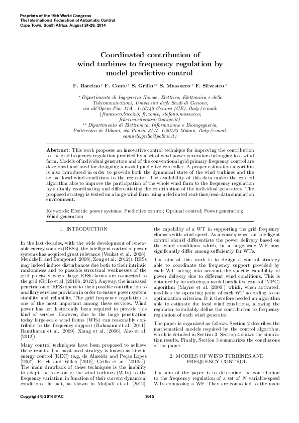 Pdf Coordinated Contribution Of Wind Turbines To Frequency Regulation