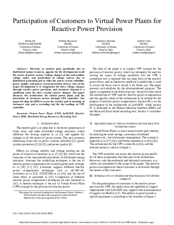 (PDF) Participation of Customers to Virtual Power Plants for Reactive ...