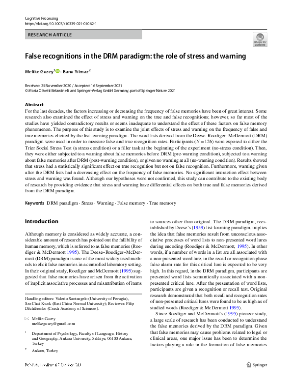(PDF) False recognitions in the DRM paradigm: the role of stress and ...