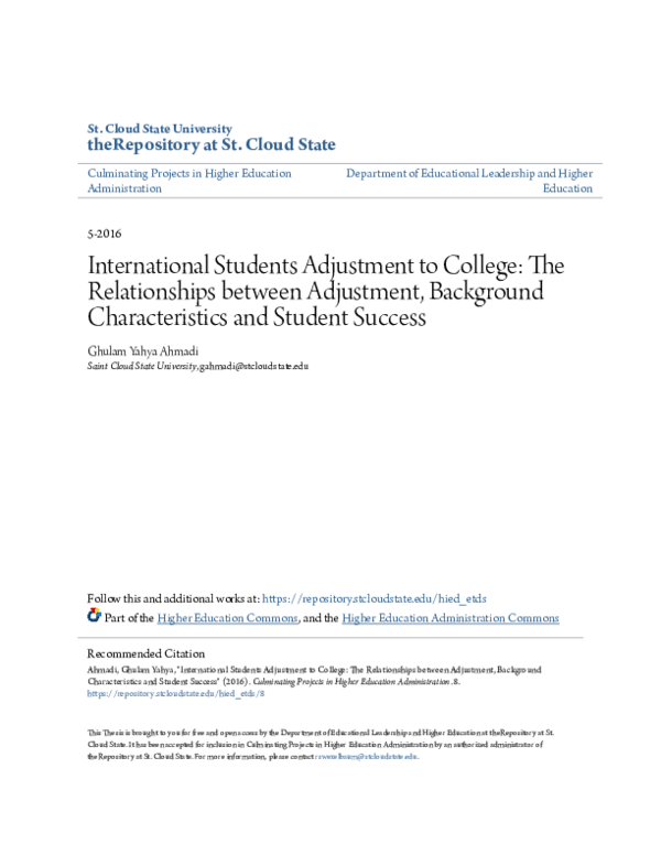 (PDF) International Students Adjustment to College: The Relationships between Adjustment ...