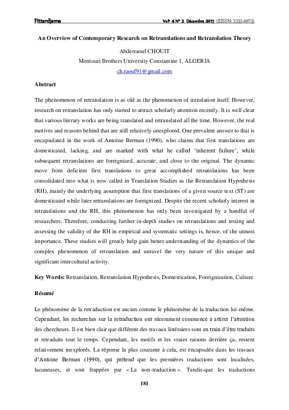(PDF) An Overview Of Contemporary Research On Retranslations And ...