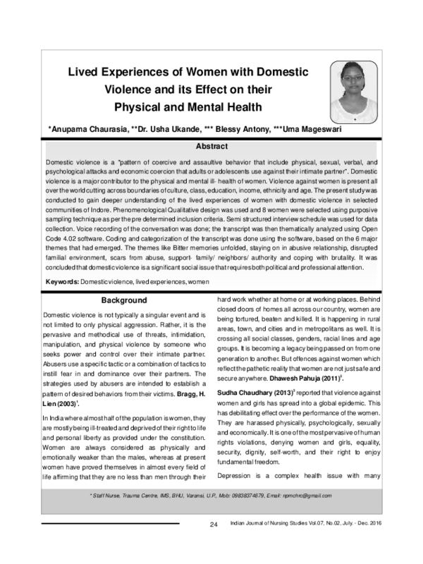 (PDF) Lived Experiences of Women with Domestic Violence and its Effect on their Physical and ...