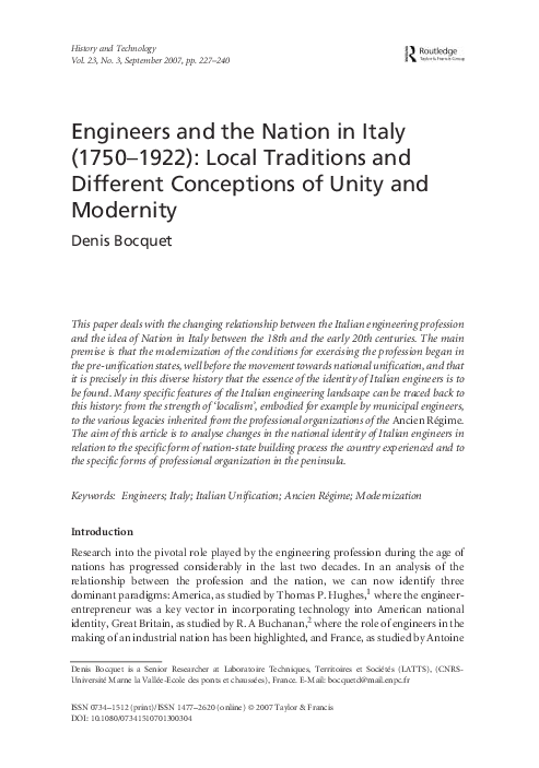 (PDF) Engineers and the Nation in Italy (1750–1922): Local Traditions ...