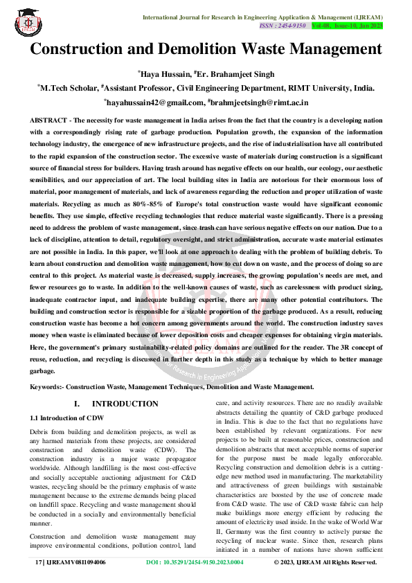 (PDF) Construction and Demolition Waste Management