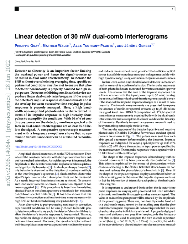 (PDF) Linear detection of 30 mW dual-comb interferograms