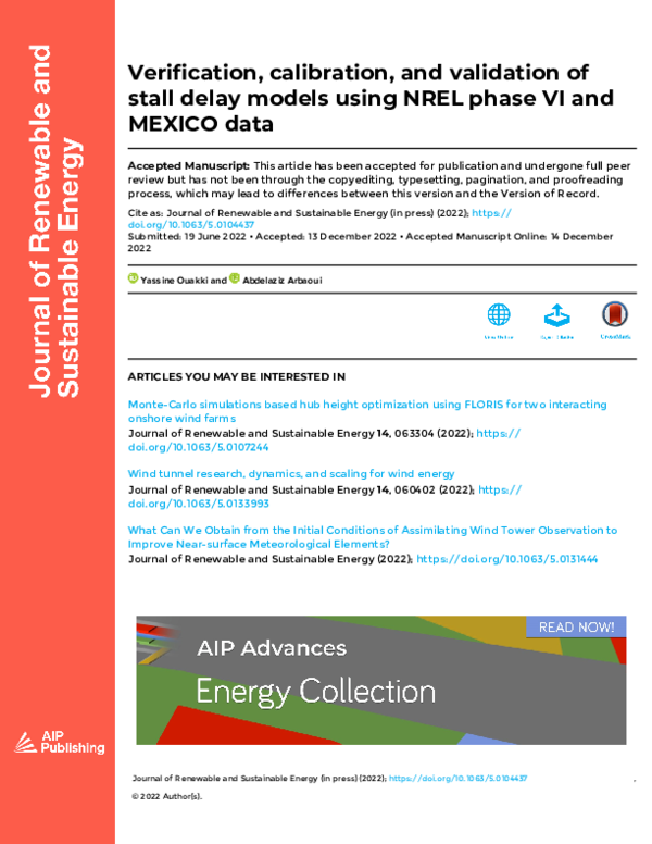 Pdf Verification Calibration And Validation Of Stall Delay Models Using Nrel Phase Vi And