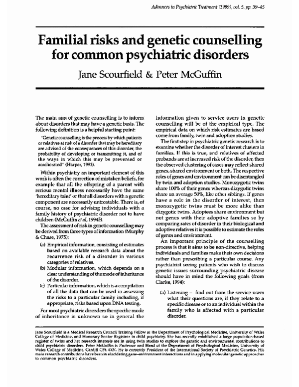 (PDF) Familial Risks and Genetic Counselling for Common Psychiatric ...