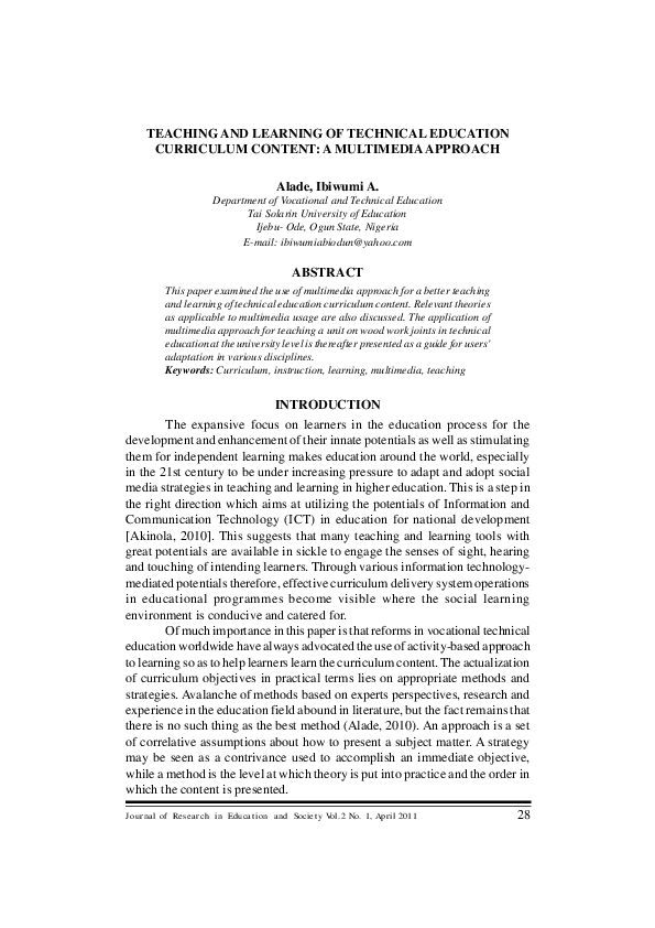 (PDF) Teaching and Learning of Technical Education Curriculum Content ...