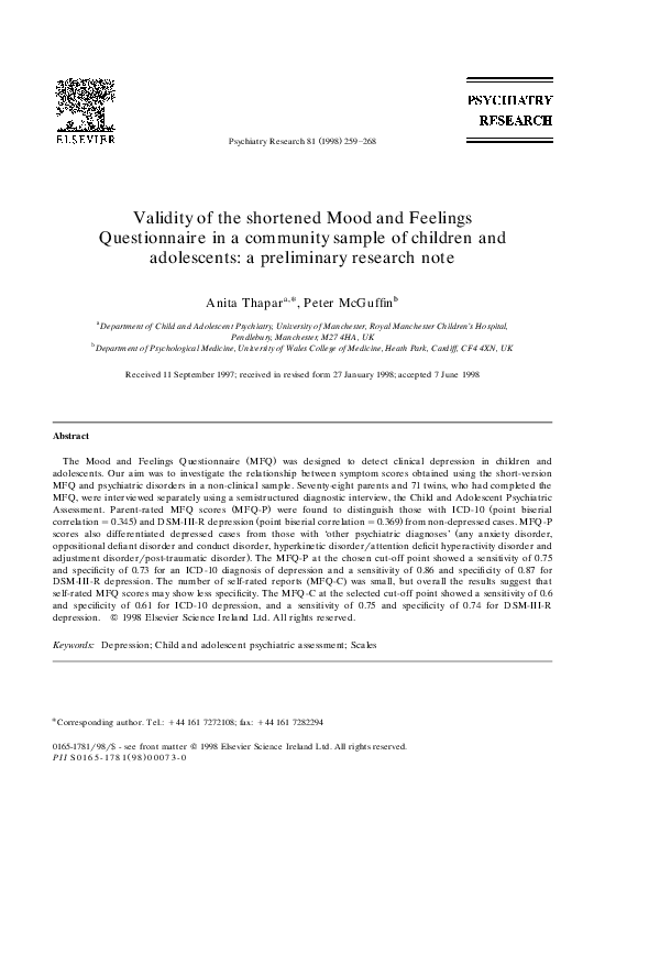 (PDF) Validity of the shortened Mood and Feelings Questionnaire in a ...