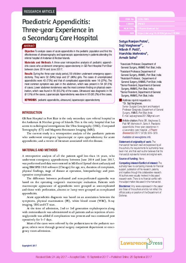 (PDF) Paediatric Appendicitis: Three-year Experience in a Secondary ...