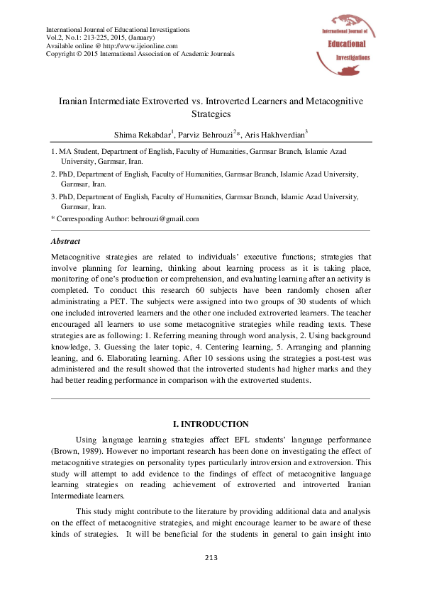 (PDF) Iranian Intermediate Extroverted vs . Introverted Learners and Metacognitive Strategies