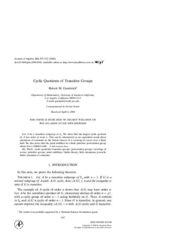 (PDF) Cyclic Quotients of Transitive Groups