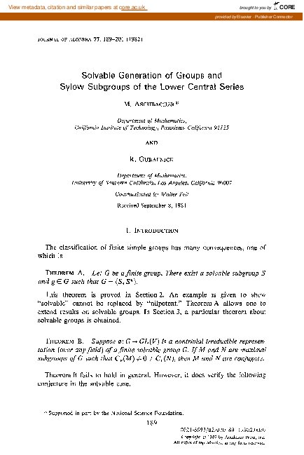 (PDF) Solvable generation of groups and Sylow subgroups of the lower central series | Robert ...