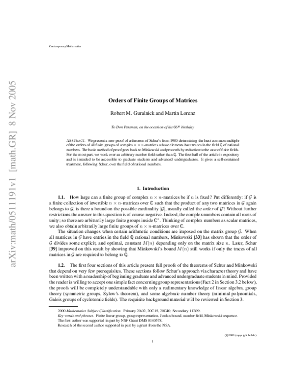 (PDF) Orders of finite groups of matrices