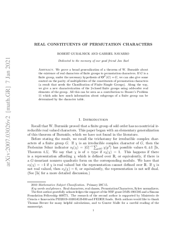 (PDF) Real constituents of permutation characters